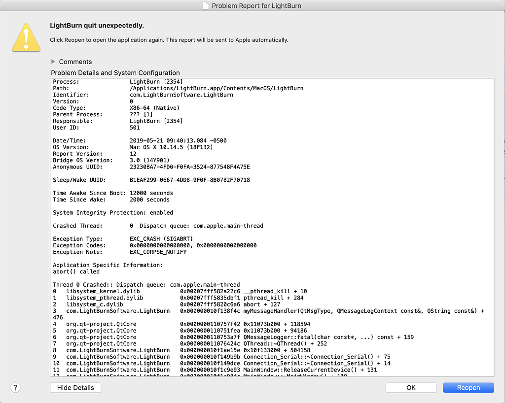 Lightburn reports "busy" each time and then crashes - OS Specific - LightBurn Software Forum
