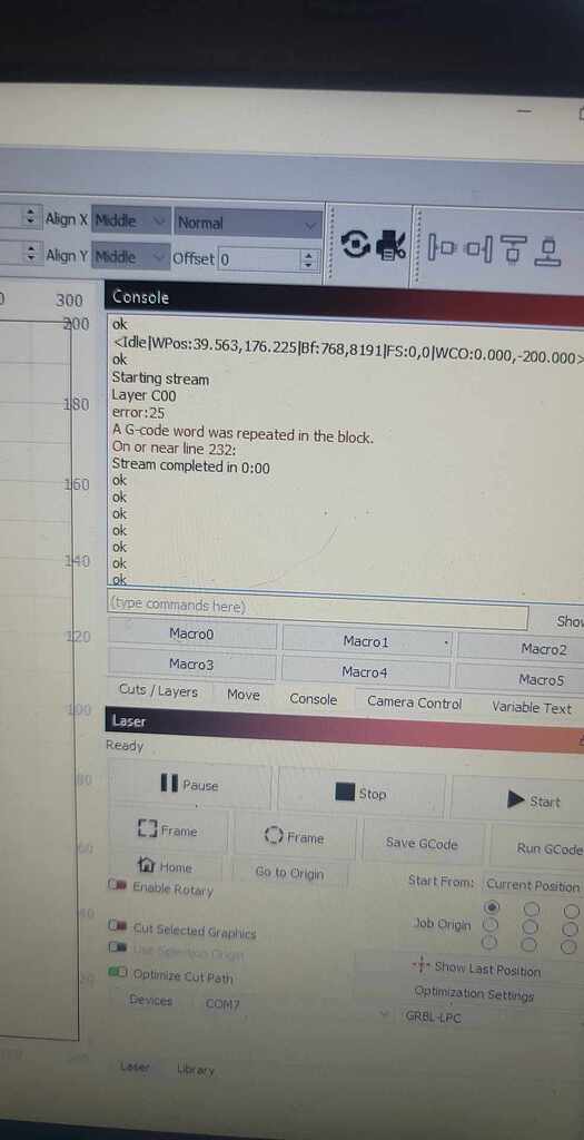 K40 Skipping And Having A Error Causing It To Have A Gcode Word Repeated In Block Error