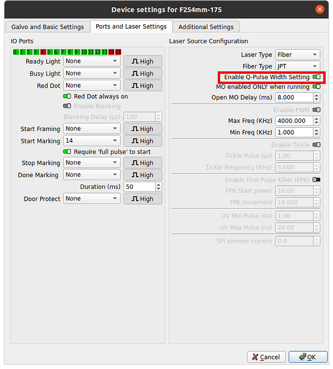 MOPA Q-pulse setting only works with the material test - LightBurn ...