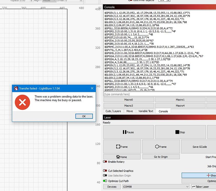 Console continuously has code running and Problem sending data to the laser - LightBurn Software ...