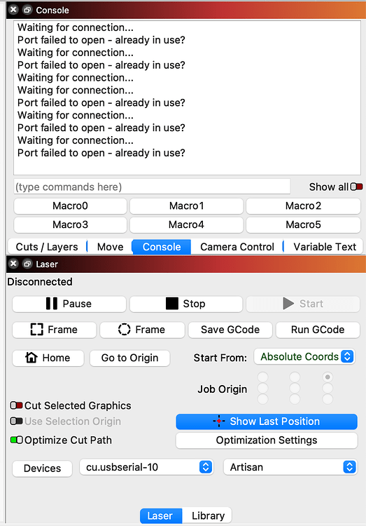 Snapmaker Artisan dont Connect ?! - Snapmaker - LightBurn Software Forum