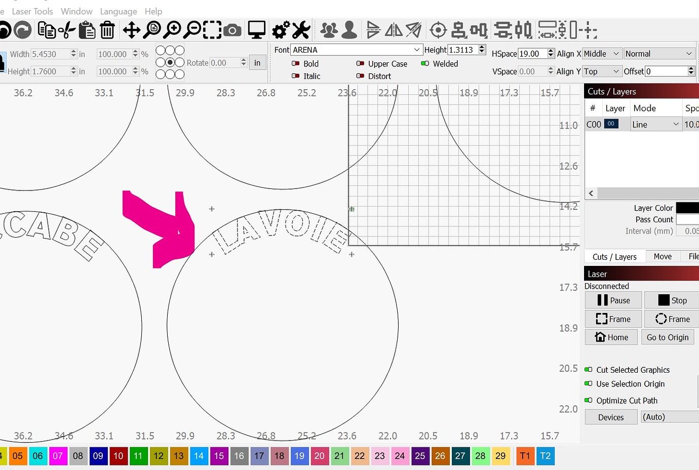Convert text to path on circle - first two letters are combined, remaining are ok - LightBurn ...