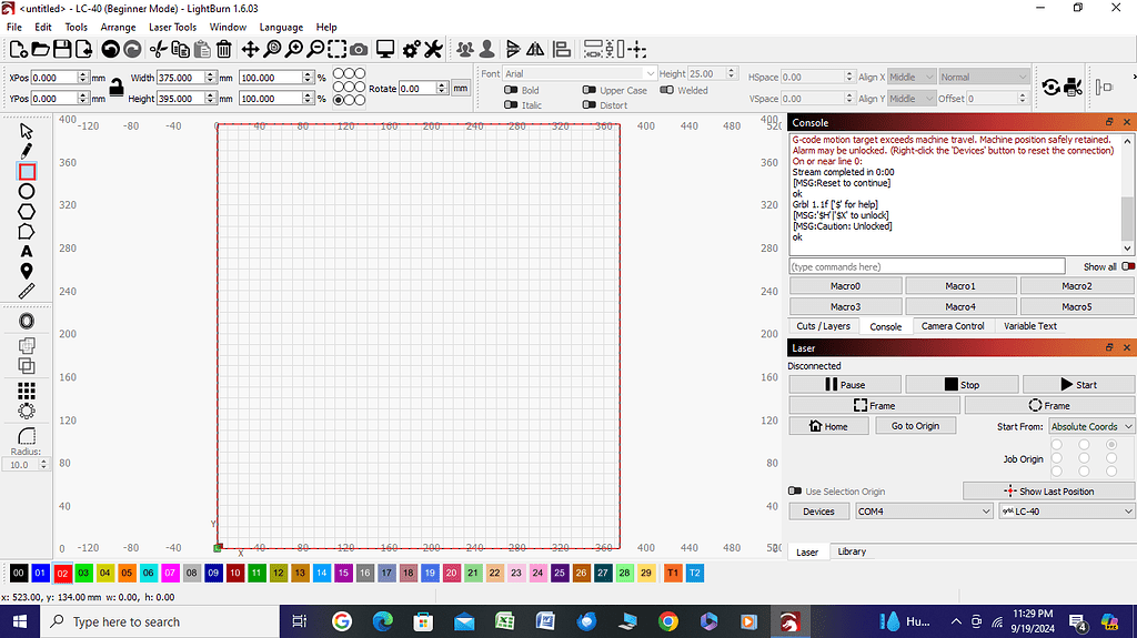G Code Motion Target Exceeds Machine Travel Machine Is Jinsuko Lc 40 Lightburn Software
