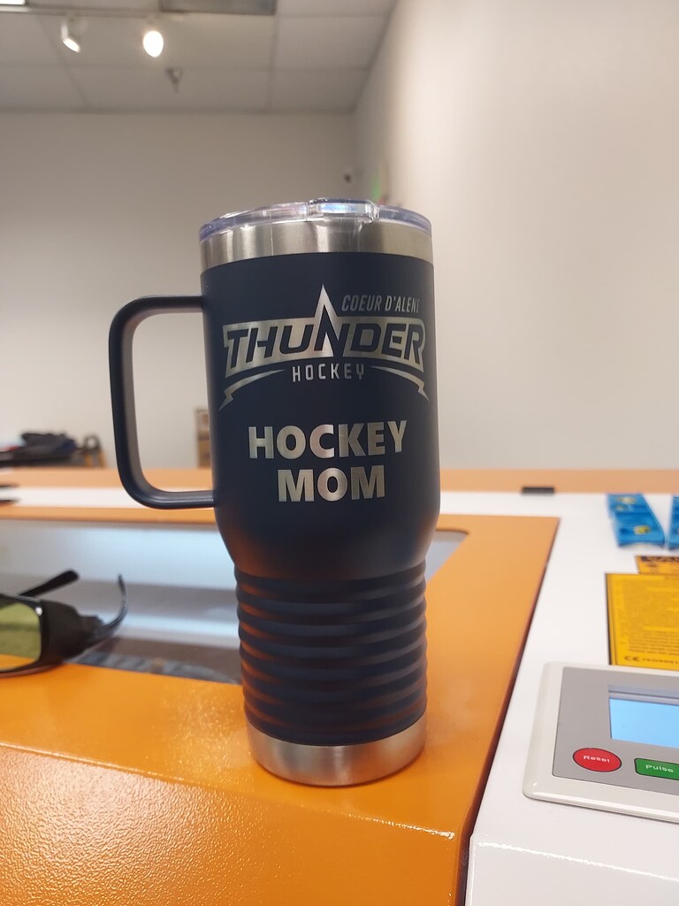 20oz dual logo travel mugs. 100w co2 laser, chuck rotary - Finished ...