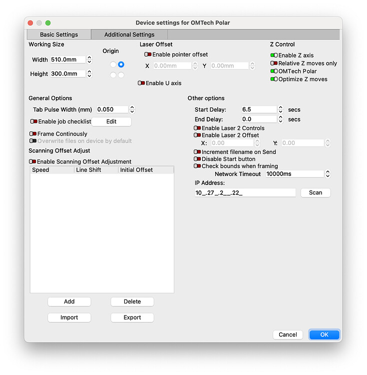 New "OMTech Polar" Z axis mode - air assist shuts off while making initial Z move - LightBurn ...