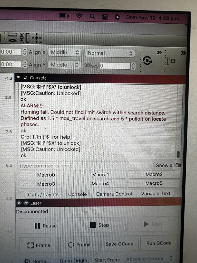 Alarm:9 Issue Homing fail. Could not find limit switch within search distance. Defined as 1.5 ...