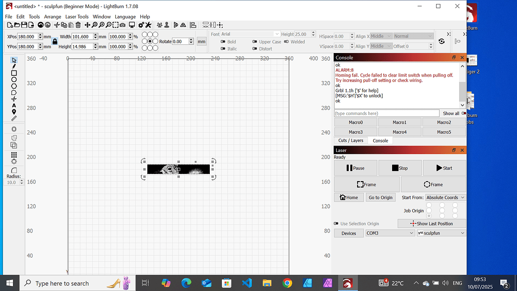 Laser module moving but not engraving and error message not understood ...
