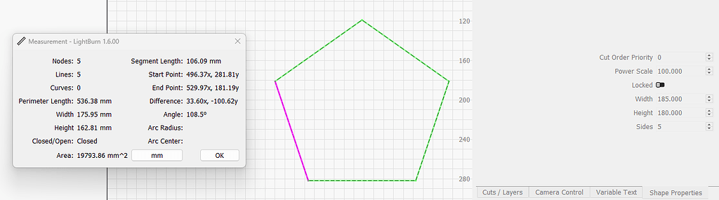 Pentagon shape property doesnt make correct size vs measurement tool - LightBurn Software ...