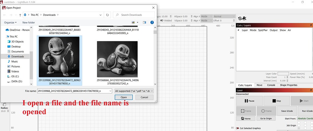 Saving a file in lightburn does not list the name of the file anymore since I updated to 1.1.04 ...