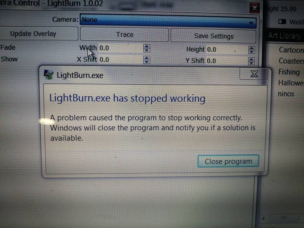 Ligthburn crash when selecting the usb camera WIN 7 - Cameras - LightBurn Software Forum