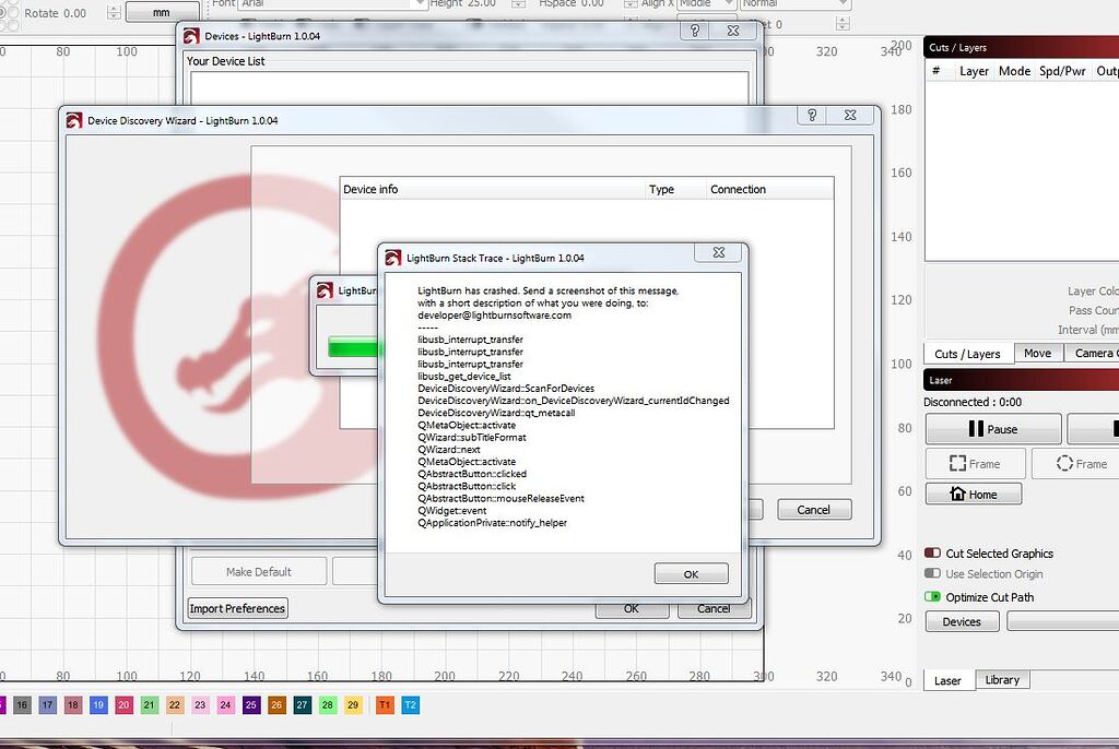Error message & Crash While finding new laser machine - LightBurn ...