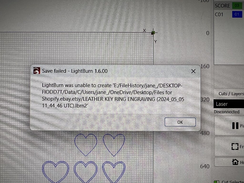 Error message when I save my files - OS Specific - LightBurn Software Forum
