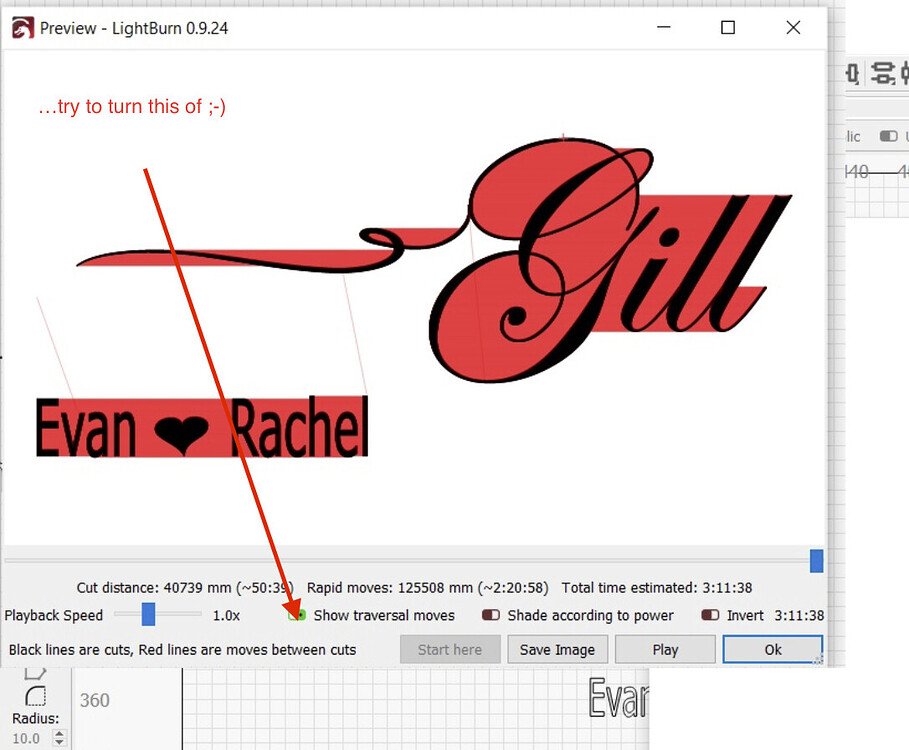 Send design to Lightburn, check preview and it shows weird lines and ...