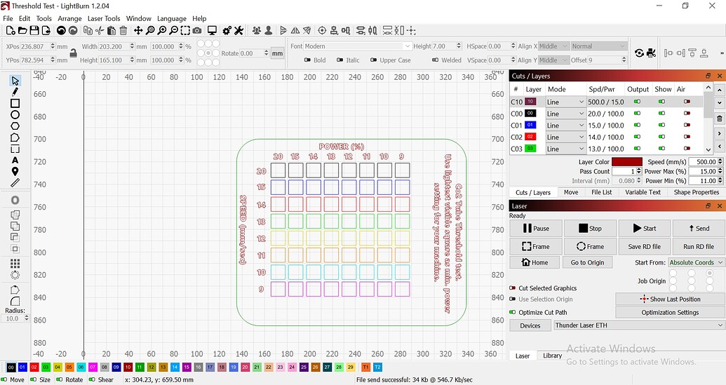 Power min/max, power scale and Co2 tube firing threshold test ...