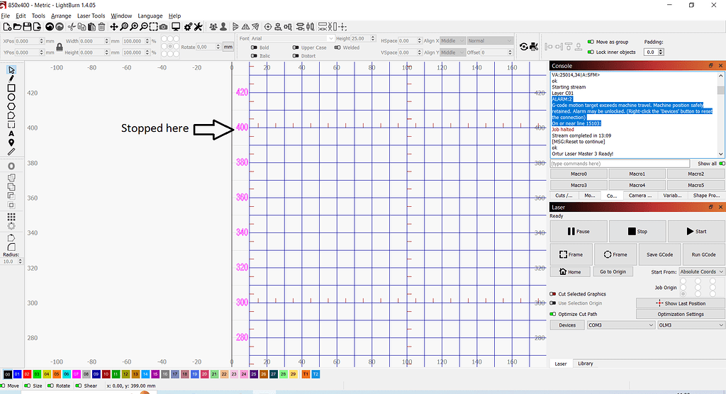 ALARM:2 G-code motion target exceeds machine travel (After 380mm mark) - GRBL - LightBurn ...