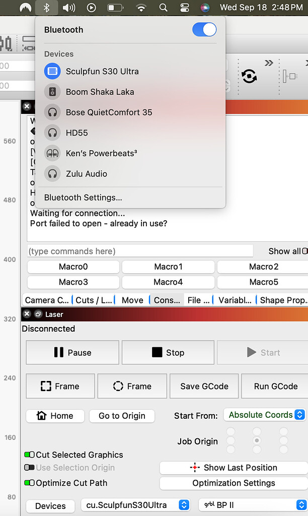 SculpFun S30 Ultra 33W Bluetooth won't connect - OS Specific - LightBurn Software Forum