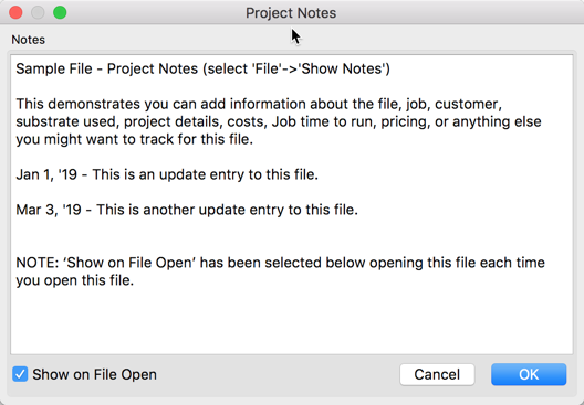 Can I Save Notes In My LightBurn Project File Save Information Like 