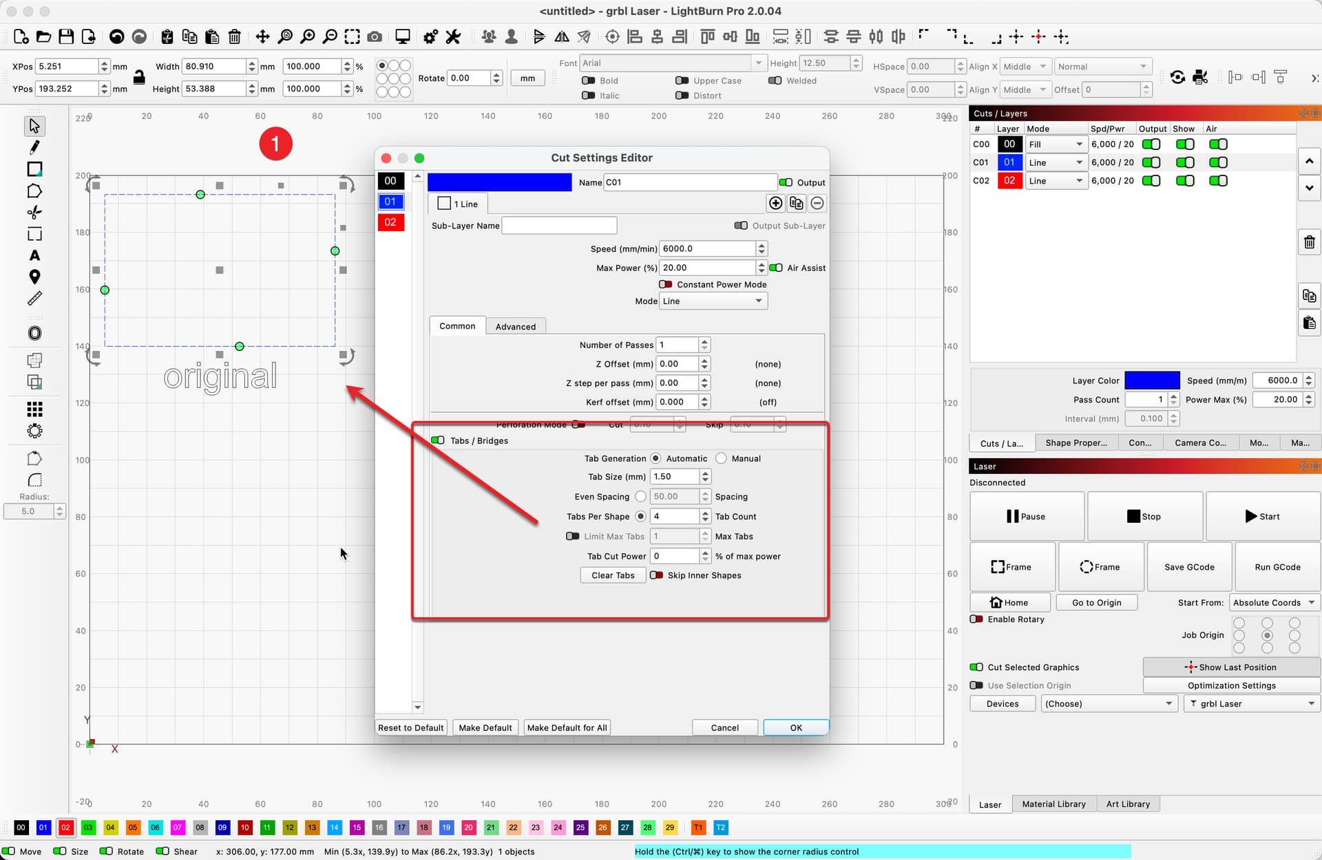 Cut Shapes" not converting "Tabs/Bridges" into Geometry (LightBurn PRO 2.0.04 Mac) - LightBurn ...