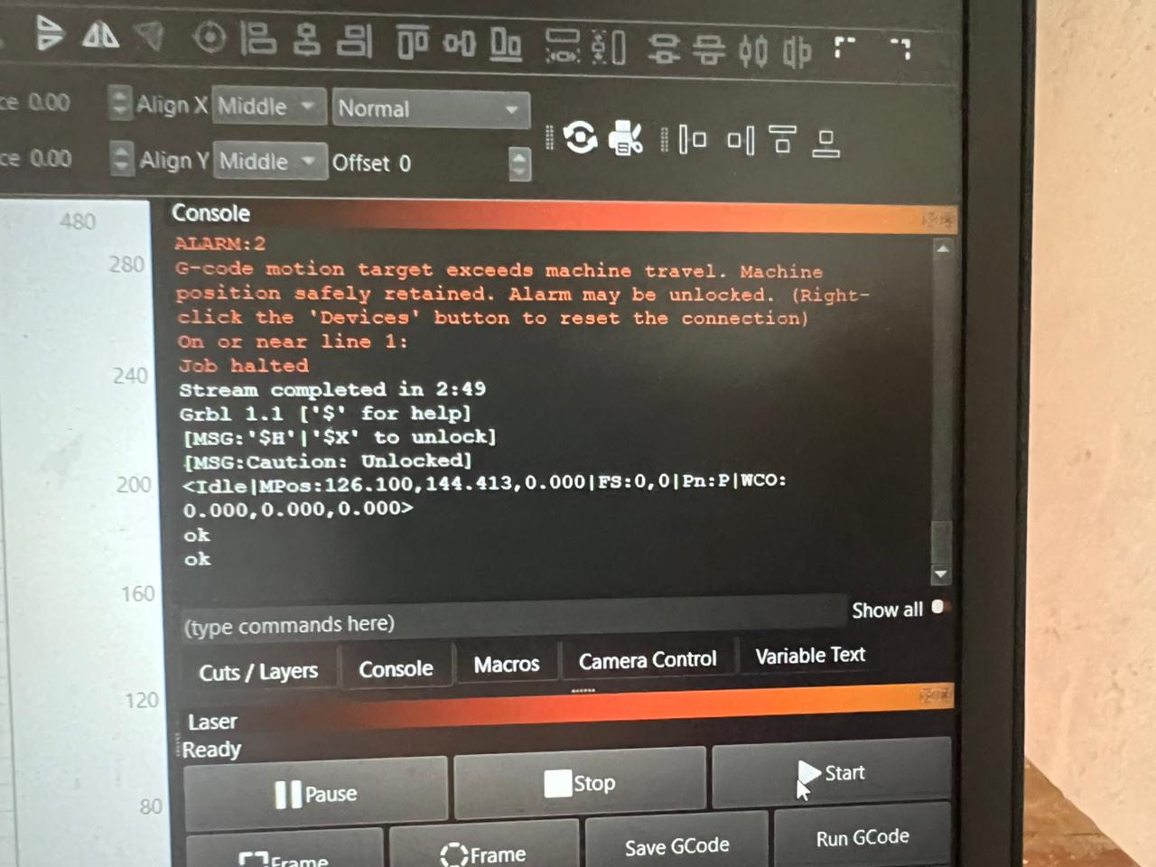 What is the reason for the Alarm 2 error massage - LightBurn Software ...