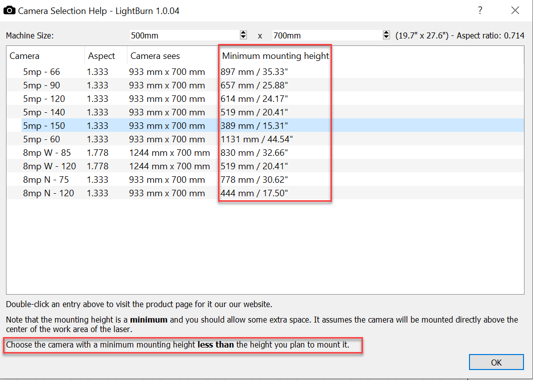 Minimum Height Camera Selection Cameras LightBurn Software Forum